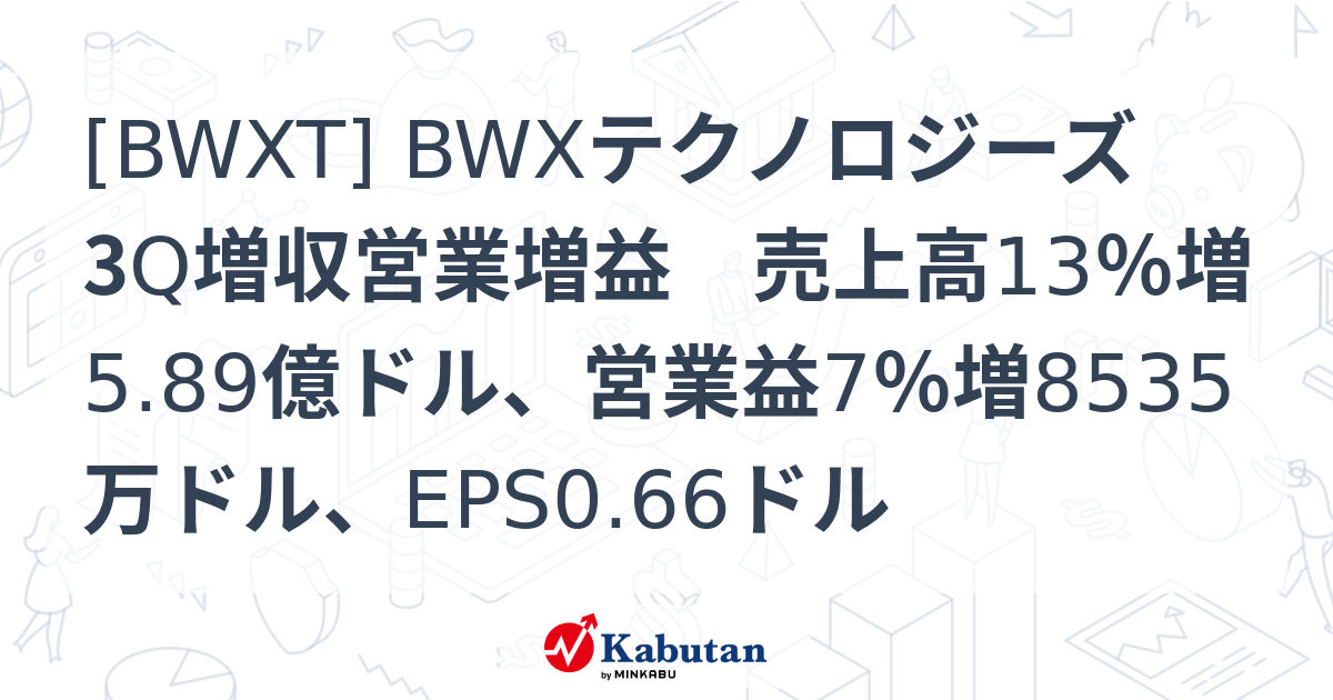[BWXT] BWXテクノロジーズ 3Q増収営業増益 売上高13％増5.89億ドル、営業益7％増8535万ドル、EPS0.66ドル - 株探 ...