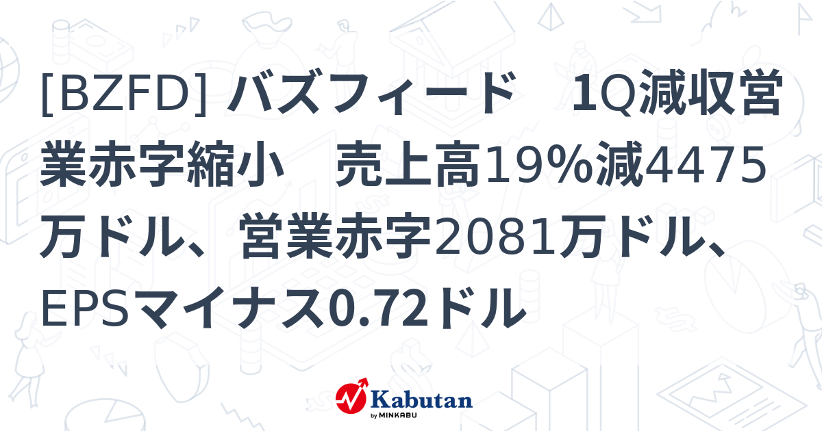 [BZFD] バズフィード 1Q減収営業赤字縮小 売上高19％減4475万ドル、営業赤字2081万ドル、EPSマイナス0.72ドル | 個別株 - 株探ニュース