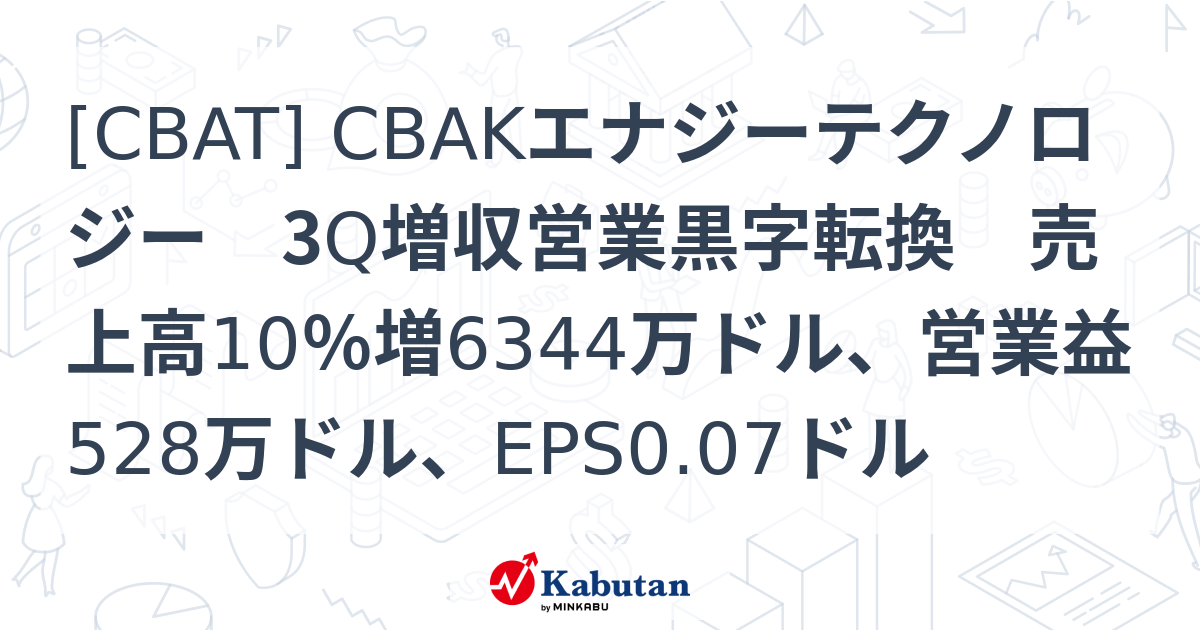 [CBAT] CBAKエナジーテクノロジー 3Q増収営業黒字転換 売上高10％増6344万ドル、営業益528万ドル、EPS0.07ドル ...