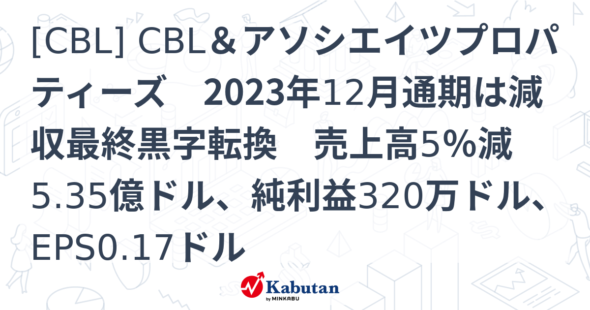 [CBL] CBL＆アソシエイツプロパティーズ 2023年12月通期は減収最終黒字転換 売上高5％減5.35億ドル、純利益320万ドル、EPS0.17ドル - 株探(かぶたん)｜米国株