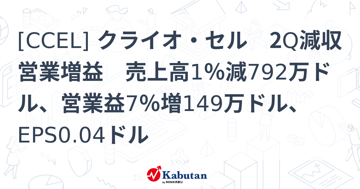 [CCEL] クライオ・セル 2Q減収営業増益 売上高1％減792万ドル、営業益7％増149万ドル、EPS0.04ドル - 株探(かぶたん)｜米国株