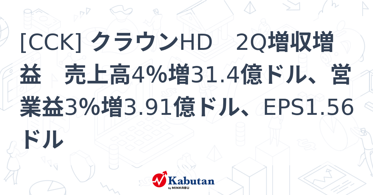 [CCK] クラウンHD 2Q増収増益 売上高4％増31.4億ドル、営業益3％増3.91億ドル、EPS1.56ドル - 株探(かぶたん)｜米国株