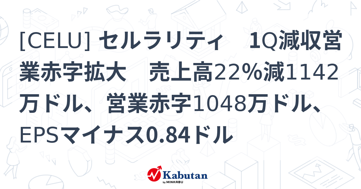 [CELU] セルラリティ 1Q減収営業赤字拡大 売上高22％減1142万ドル、営業赤字1048万ドル、EPSマイナス0.84ドル - 株探(かぶたん)｜米国株