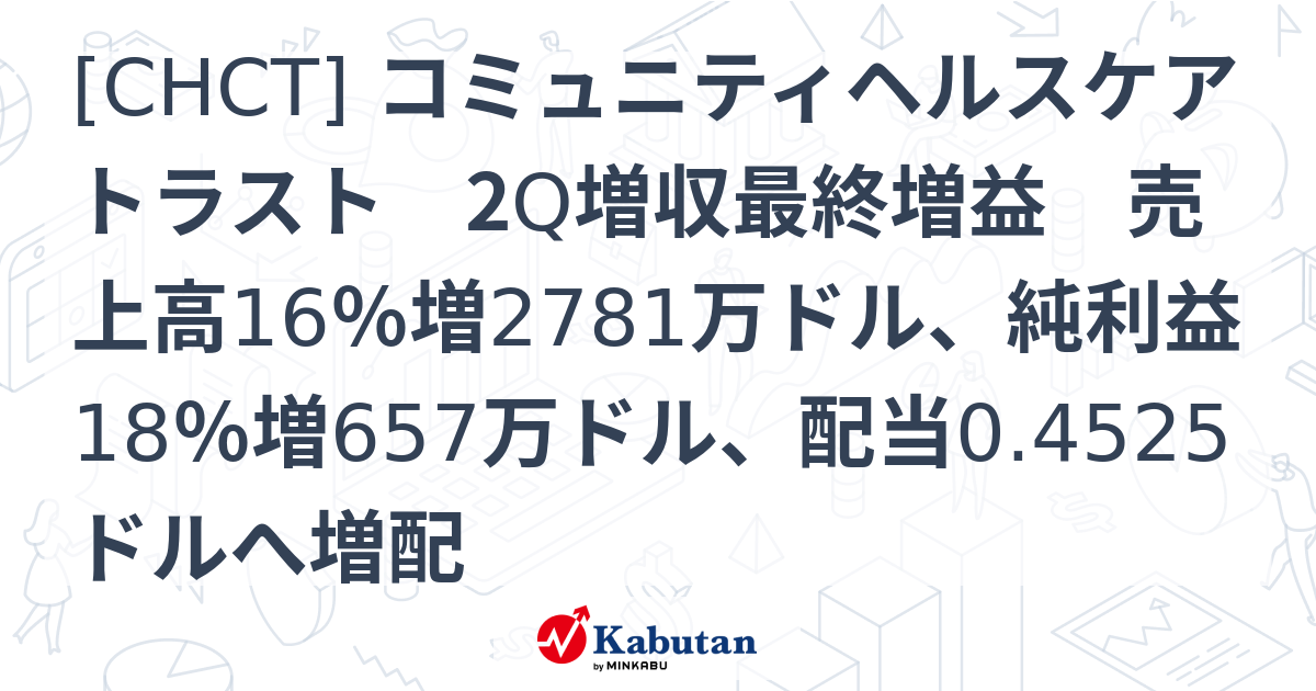 [CHCT] コミュニティヘルスケアトラスト 2Q増収最終増益 売上高16％増2781万ドル、純利益18％増657万ドル、配当0.4525ドル ...