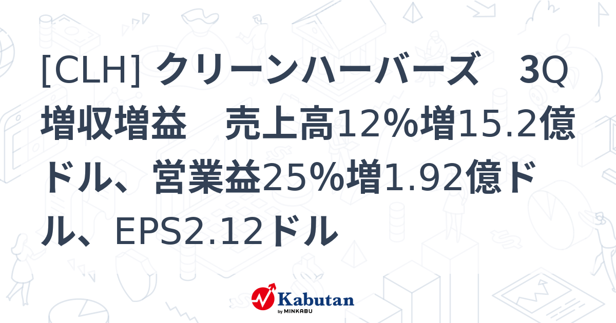 [CLH] クリーンハーバーズ 3Q増収増益 売上高12％増15.2億ドル、営業益25％増1.92億ドル、EPS2.12ドル - 株探 ...