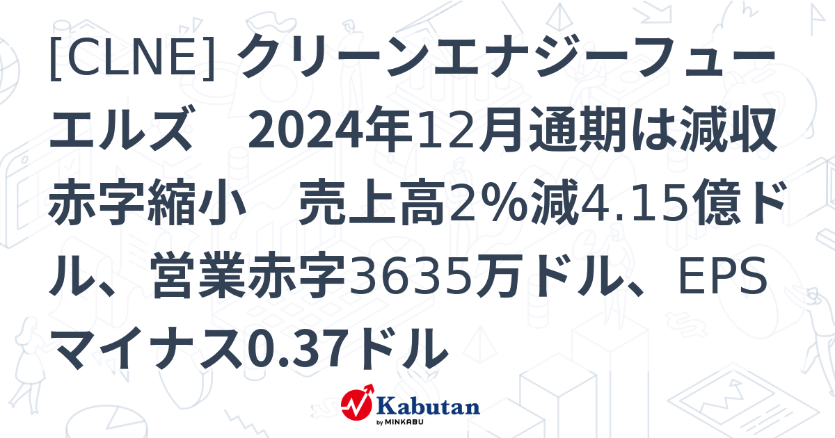 [CLNE] クリーンエナジーフューエルズ 2024年12月通期は減収赤字縮小 売上高2％減4.15億ドル、営業赤字3635万ドル、EPS ...