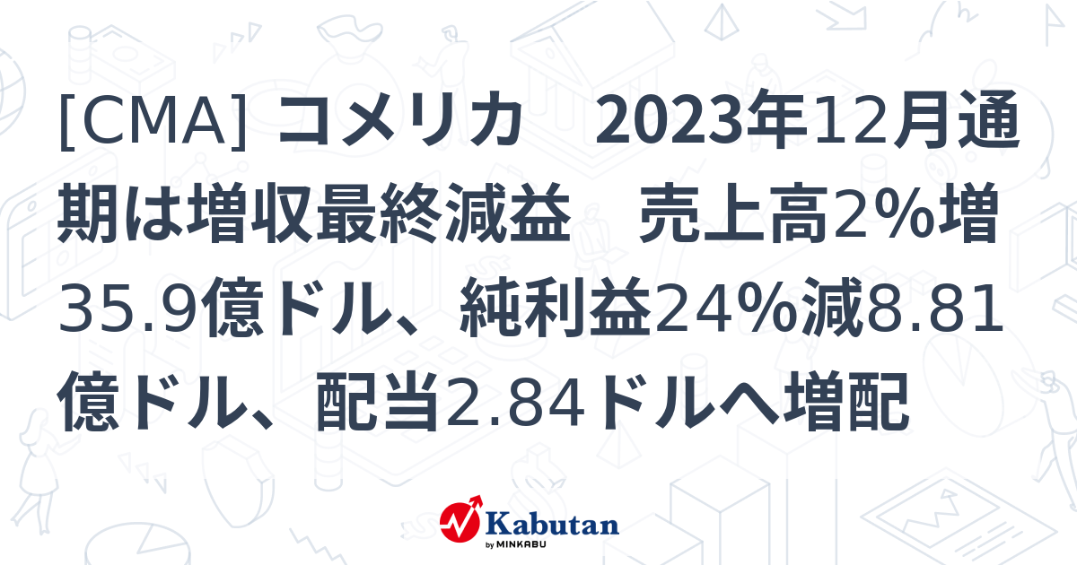 [CMA] コメリカ 2023年12月通期は増収最終減益 売上高2％増35.9億ドル、純利益24％減8.81億ドル、配当2.84ドルへ増配 - 株探(かぶたん)｜米国株