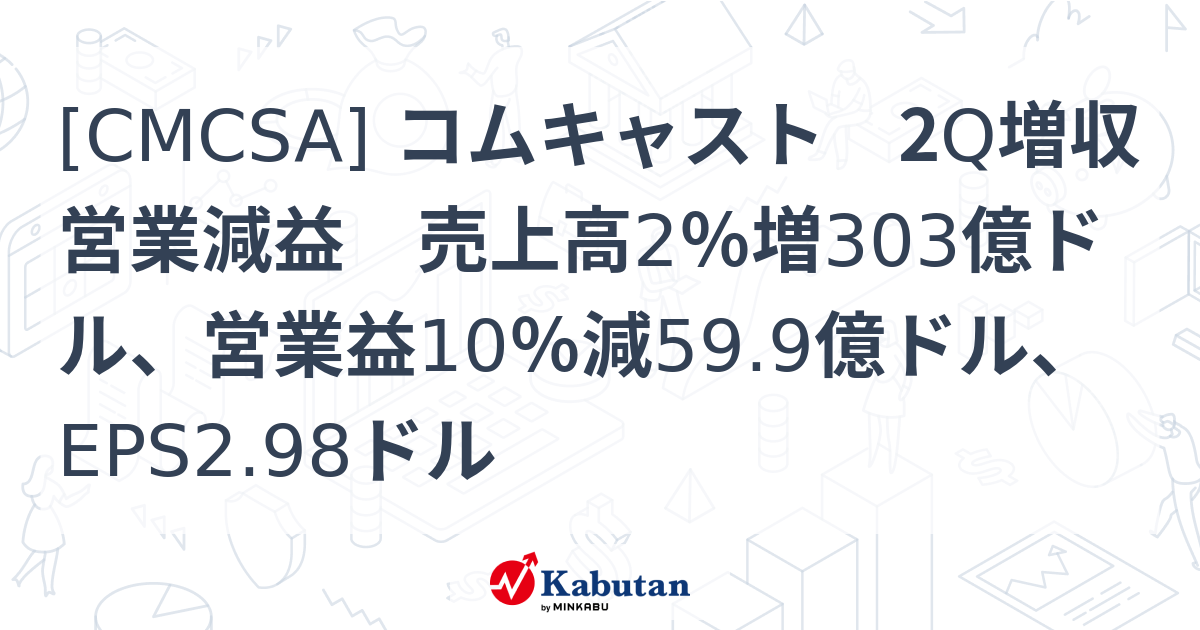 [CMCSA] コムキャスト 2Q増収営業減益 売上高2％増303億ドル、営業益10％減59.9億ドル、EPS2.98ドル - 株探(かぶたん ...