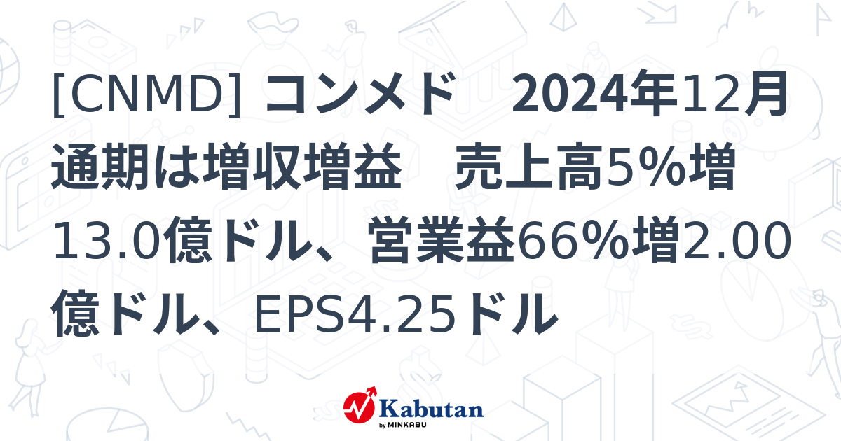 [CNMD] コンメド 2024年12月通期は増収増益 売上高5％増13.0億ドル、営業益66％増2.00億ドル、EPS4.25ドル - 株探 ...