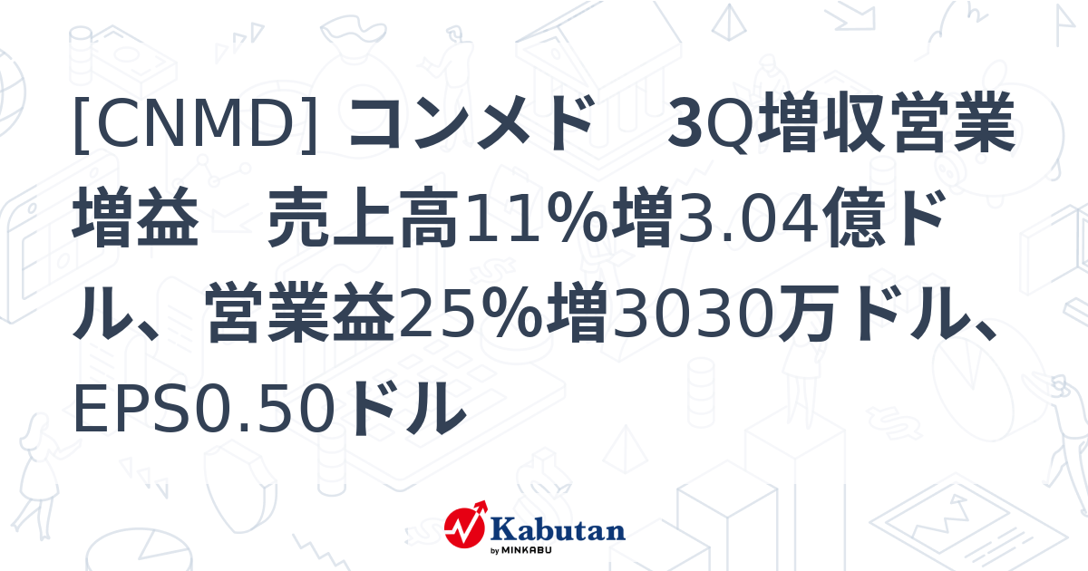 [CNMD] コンメド 3Q増収営業増益 売上高11％増3.04億ドル、営業益25％増3030万ドル、EPS0.50ドル - 株探(かぶたん)｜米国株