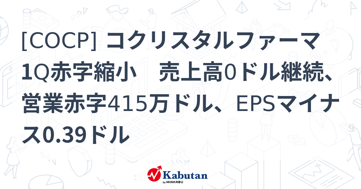 [COCP] コクリスタルファーマ 1Q赤字縮小 売上高0ドル継続、営業赤字415万ドル、EPSマイナス0.39ドル - 株探(かぶたん)｜米国株