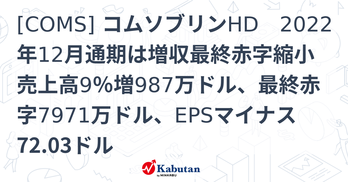[COMS] コムソブリンHD 2022年12月通期は増収最終赤字縮小 売上高9％増987万ドル、最終赤字7971万ドル、EPSマイナス72.03ドル - 株探(かぶたん)｜米国株