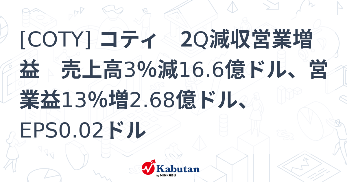 [COTY] コティ 2Q減収営業増益 売上高3％減16.6億ドル、営業益13％増2.68億ドル、EPS0.02ドル - 株探(かぶたん)｜米国株