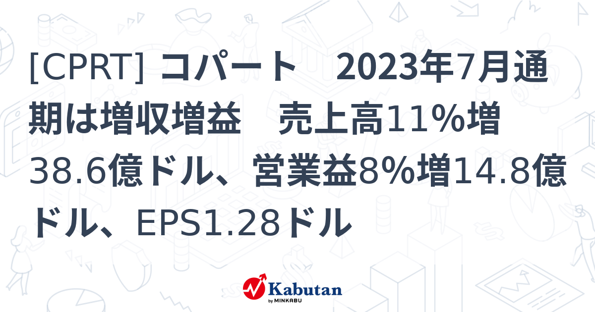 [CPRT] コパート 2023年7月通期は増収増益 売上高11％増38.6億ドル、営業益8％増14.8億ドル、EPS1.28ドル - 株探 ...
