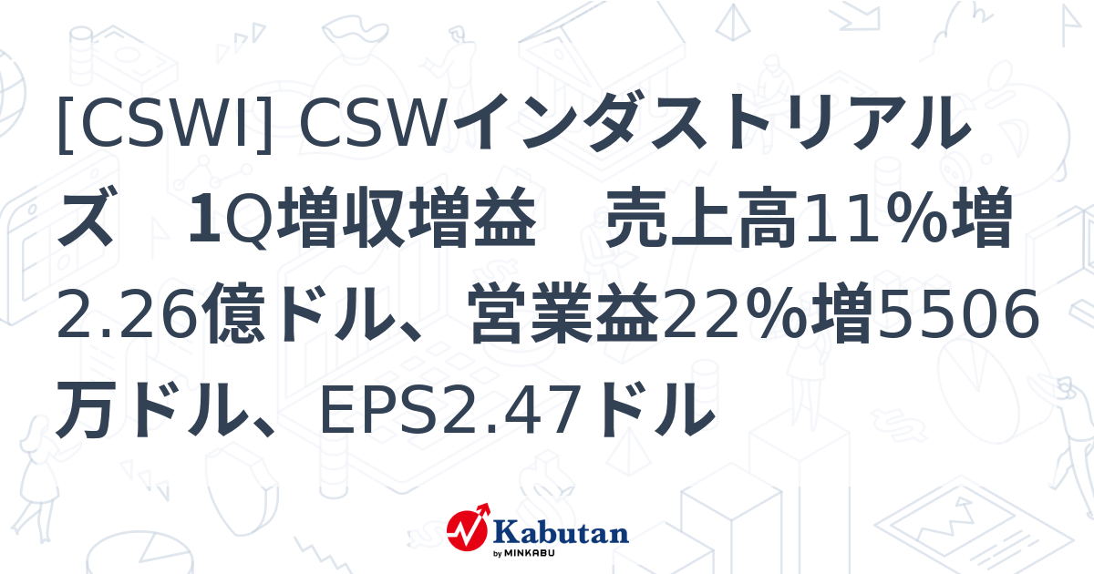[CSWI] CSWインダストリアルズ 1Q増収増益 売上高11％増2.26億ドル、営業益22％増5506万ドル、EPS2.47ドル - 株探(かぶたん)｜米国株