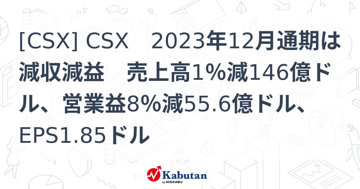 [CSX] CSX 2023年12月通期は減収減益 売上高1％減146億ドル、営業益8％減55.6億ドル、EPS1.85ドル - 株探 ...