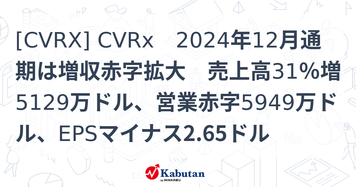 [CVRX] CVRx 2024年12月通期は増収赤字拡大 売上高31％増5129万ドル、営業赤字5949万ドル、EPSマイナス2.65ドル ...