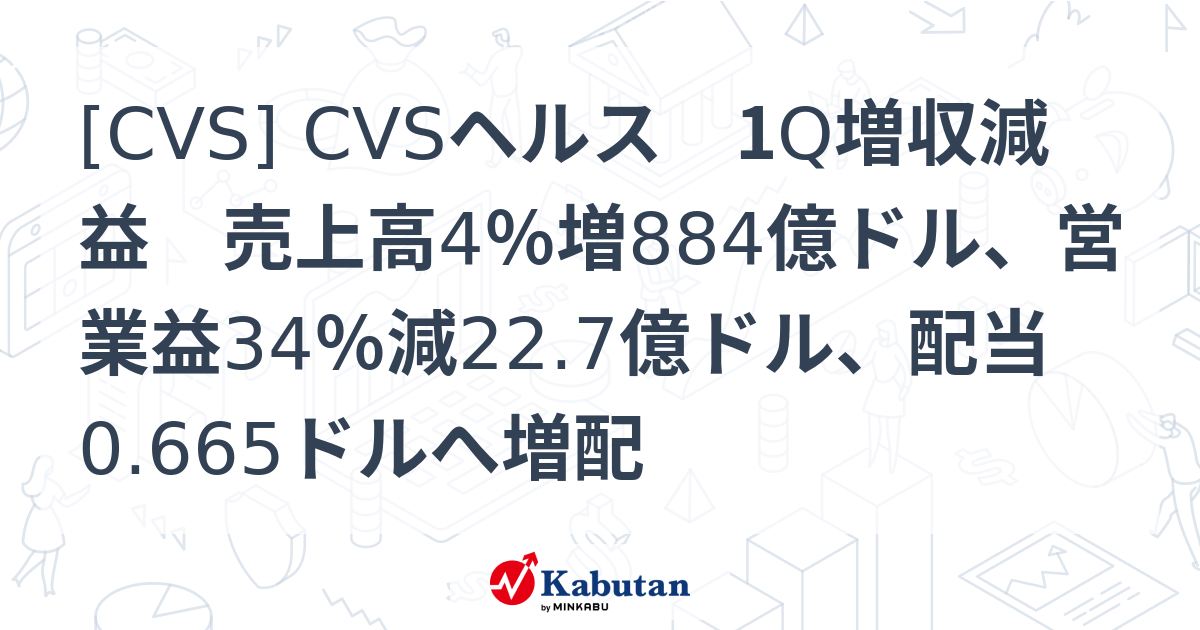 [CVS] CVSヘルス 1Q増収減益 売上高4％増884億ドル、営業益34％減22.7億ドル、配当0.665ドルへ増配 | 個別株 - 株探ニュース