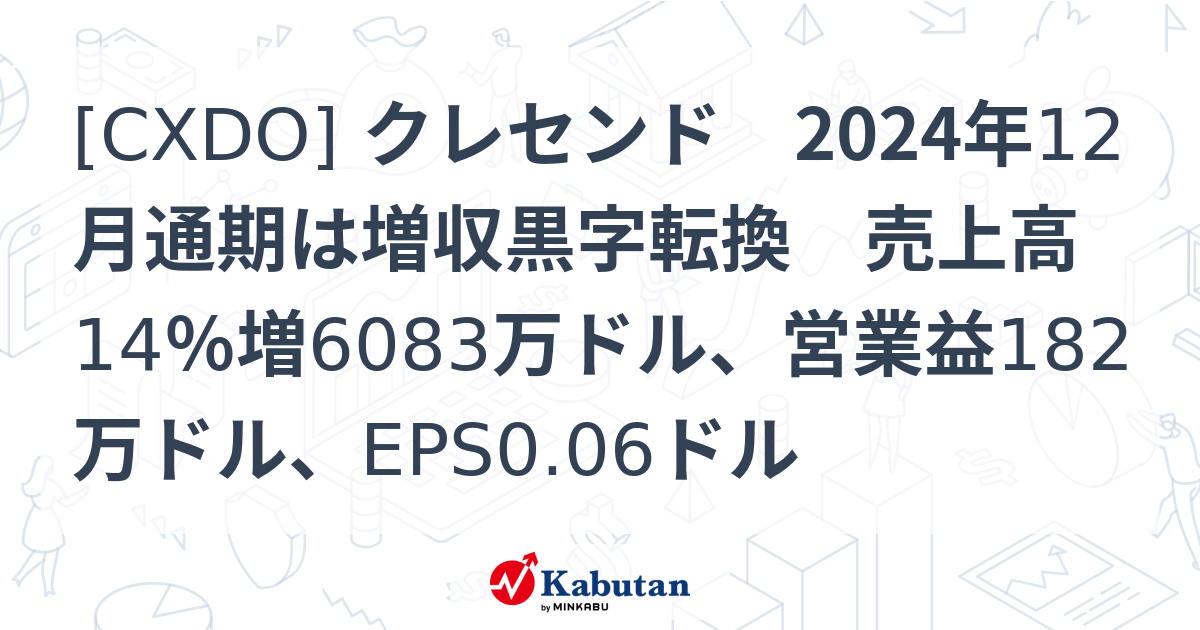 [CXDO] クレセンド 2024年12月通期は増収黒字転換 売上高14％増6083万ドル、営業益182万ドル、EPS0.06ドル - 株探 ...