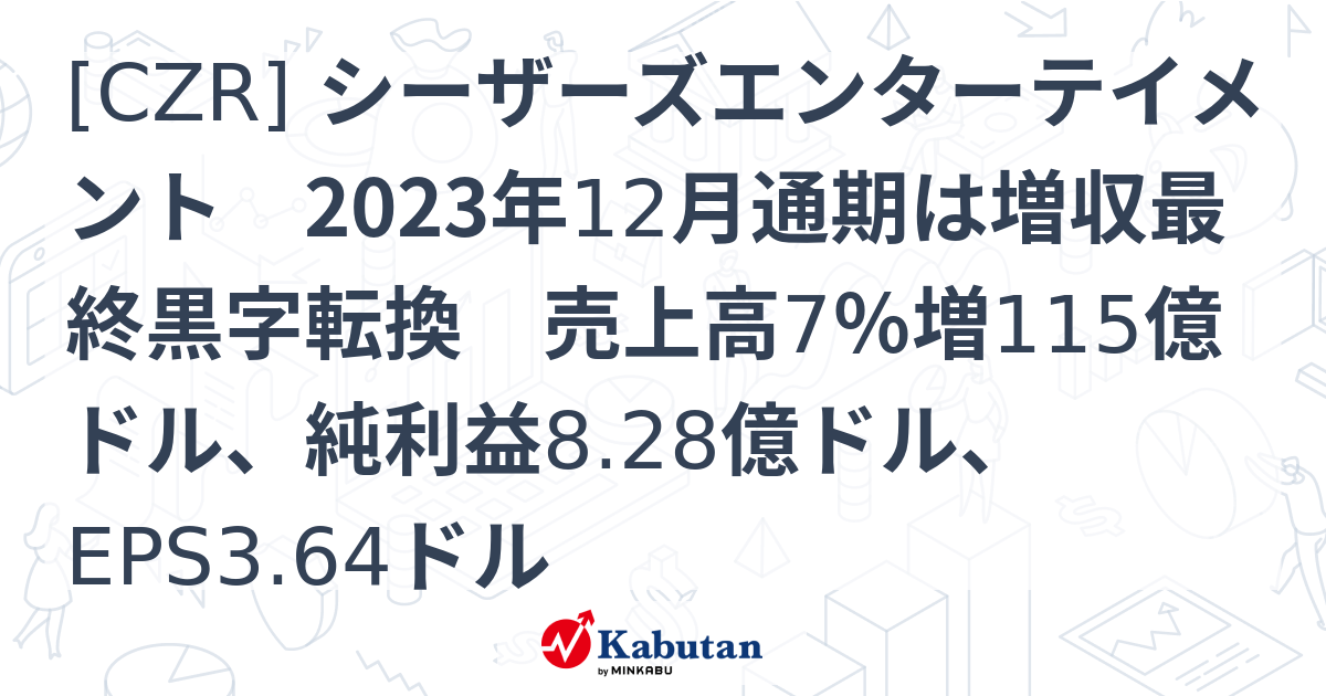 [CZR] シーザーズエンターテイメント 2023年12月通期は増収最終黒字転換 売上高7％増115億ドル、純利益8.28億ドル、EPS3 ...