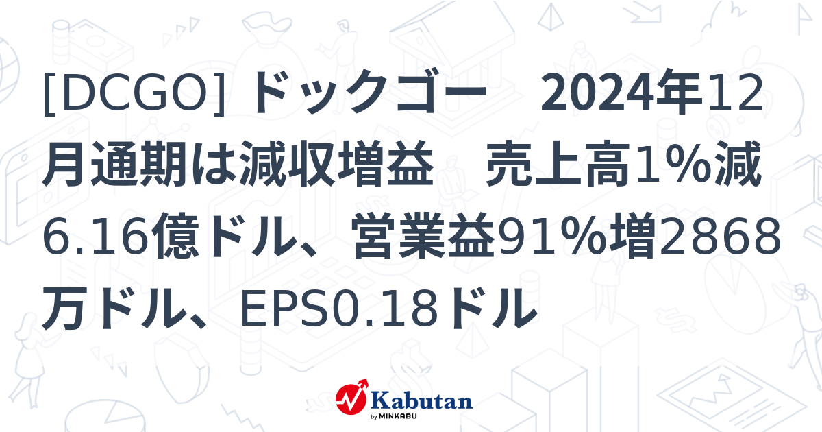 [DCGO] ドックゴー 2024年12月通期は減収増益 売上高1％減6.16億ドル、営業益91％増2868万ドル、EPS0.18ドル ...