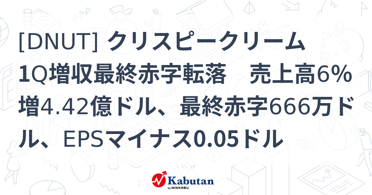 [DNUT] クリスピークリーム 1Q増収最終赤字転落 売上高6％増4.42億ドル、最終赤字666万ドル、EPSマイナス0.05ドル - 株探 ...