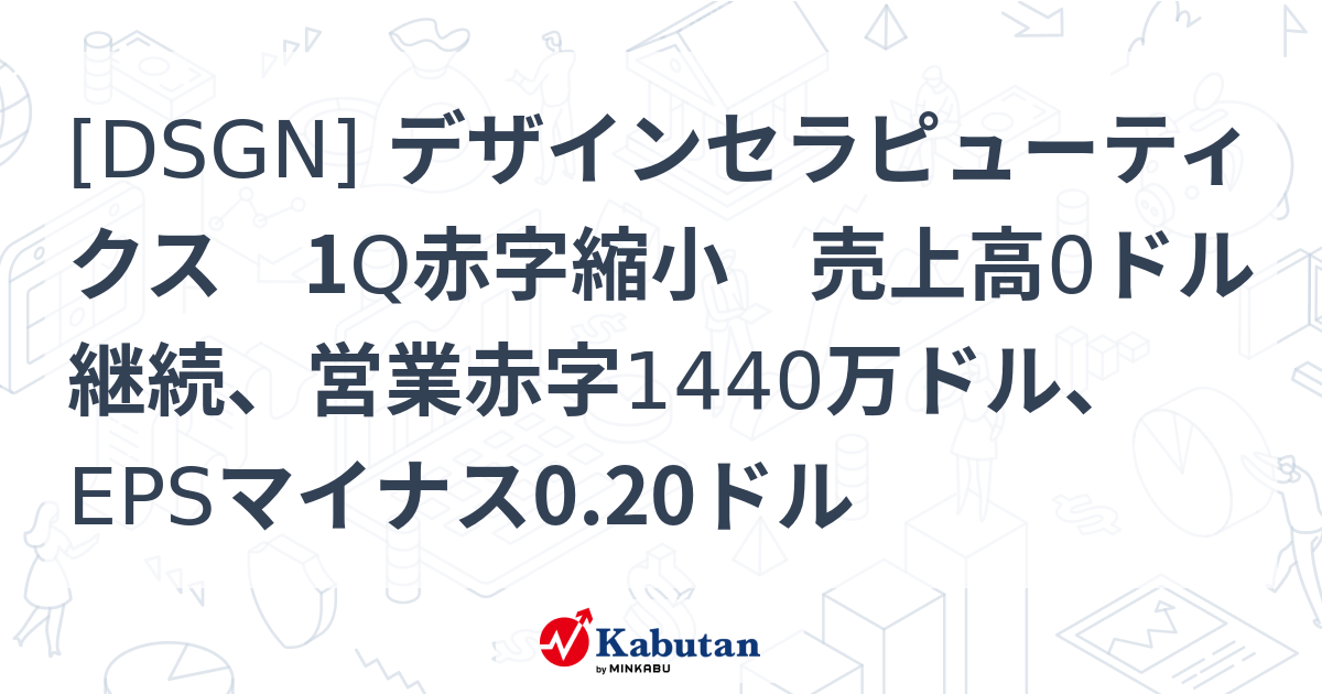 [DSGN] デザインセラピューティクス 1Q赤字縮小 売上高0ドル継続、営業赤字1440万ドル、EPSマイナス0.20ドル - 株探 ...
