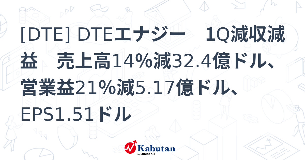 [DTE] DTEエナジー 1Q減収減益 売上高14％減32.4億ドル、営業益21％減5.17億ドル、EPS1.51ドル - 株探(かぶたん)｜米国株