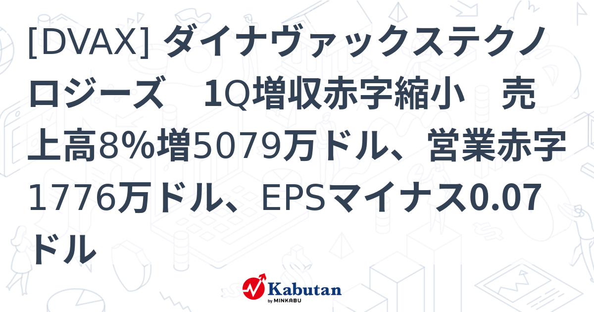 [DVAX] ダイナヴァックステクノロジーズ 1Q増収赤字縮小 売上高8％増5079万ドル、営業赤字1776万ドル、EPSマイナス0.07ドル ...
