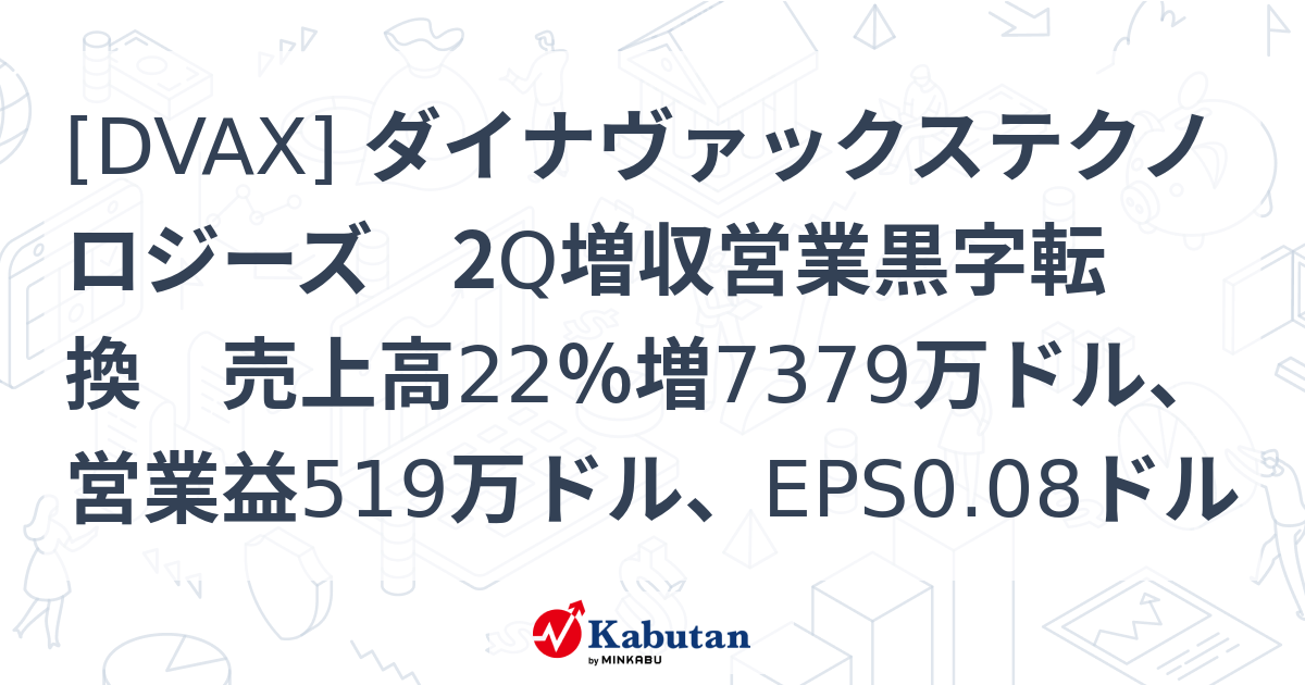 [DVAX] ダイナヴァックステクノロジーズ 2Q増収営業黒字転換 売上高22％増7379万ドル、営業益519万ドル、EPS0.08ドル ...