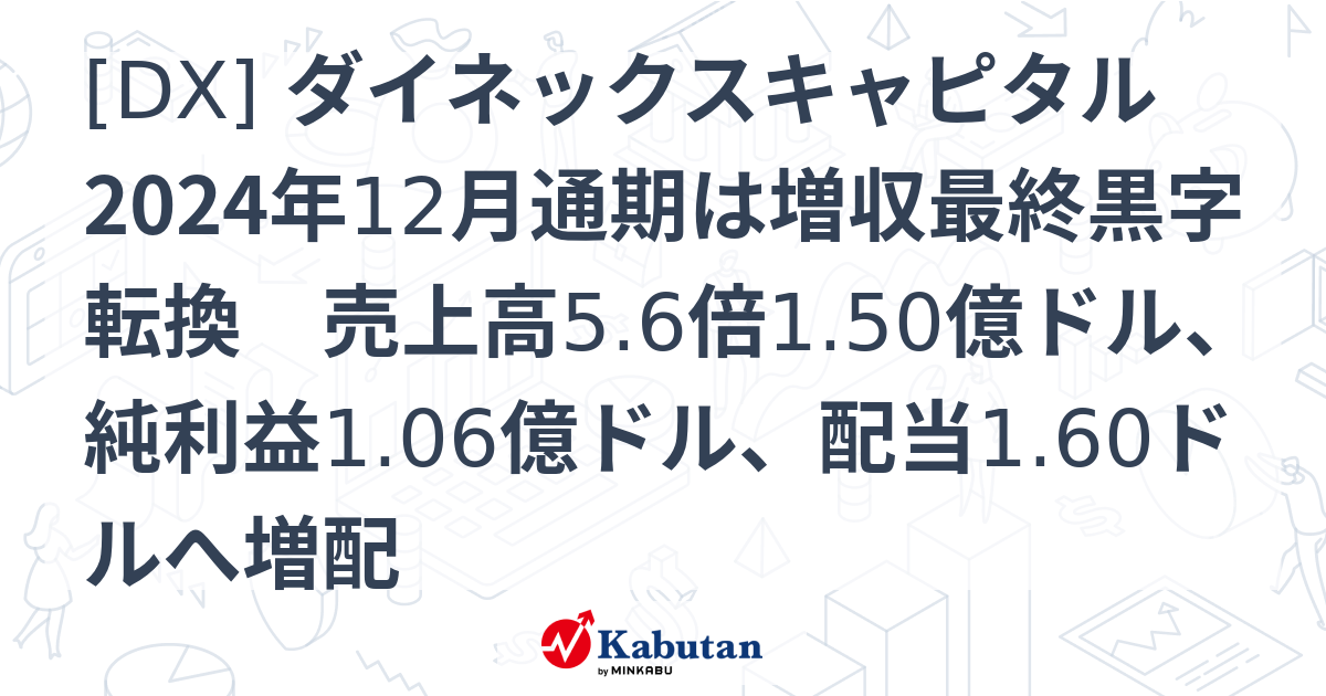 [DX] ダイネックスキャピタル 2024年12月通期は増収最終黒字転換 売上高5.6倍1.50億ドル、純利益1.06億ドル、配当1.60ドルへ増配 - 株探(かぶたん)｜米国株