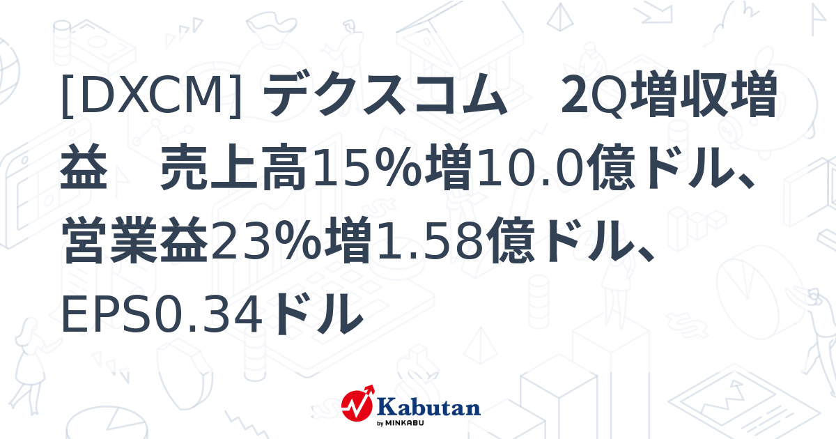 [DXCM] デクスコム 2Q増収増益 売上高15％増10.0億ドル、営業益23％増1.58億ドル、EPS0.34ドル - 株探(かぶたん)｜米国株