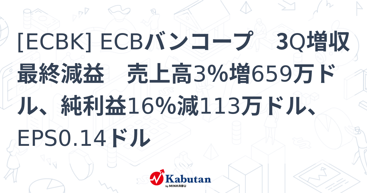[ECBK] ECBバンコープ 3Q増収最終減益 売上高3％増659万ドル、純利益16％減113万ドル、EPS0.14ドル - 株探(かぶたん)｜米国株