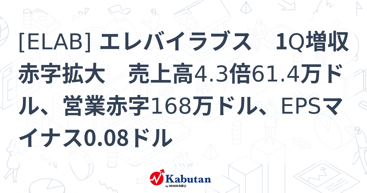 [ELAB] エレバイラブス 1Q増収赤字拡大 売上高4.3倍61.4万ドル、営業赤字168万ドル、EPSマイナス0.08ドル - 株探(かぶたん)｜米国株