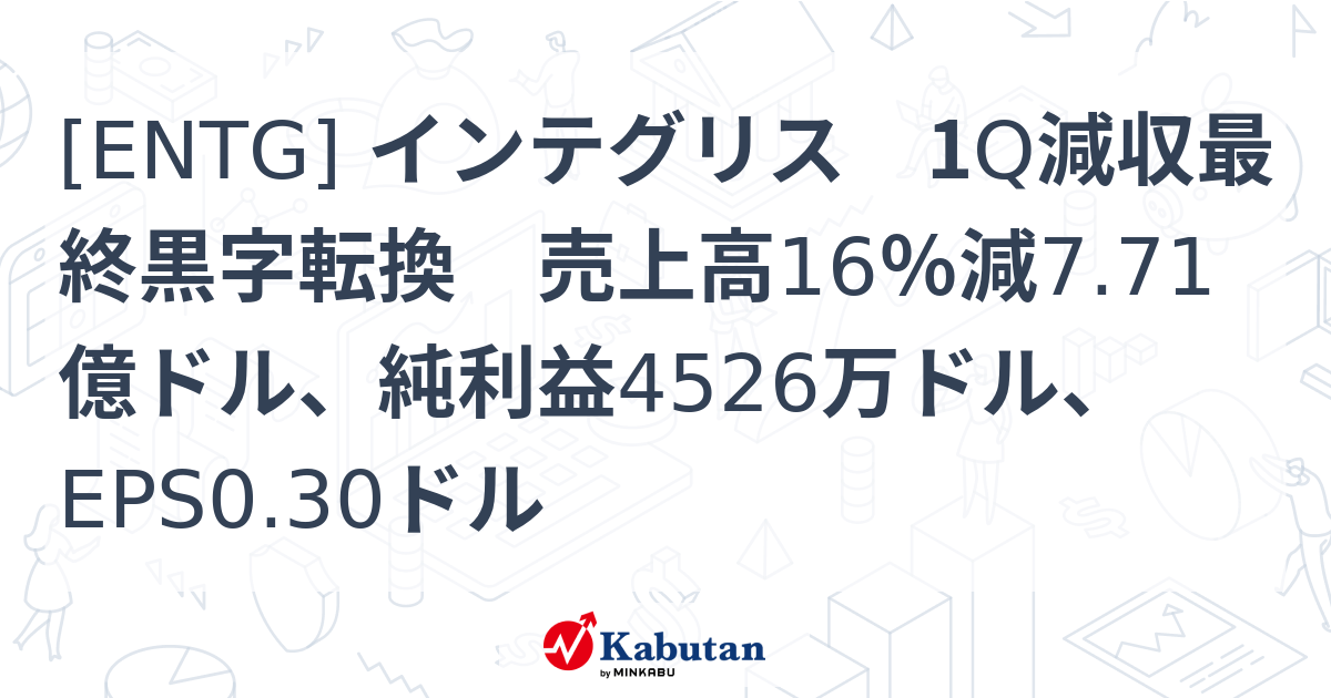 [ENTG] インテグリス 1Q減収最終黒字転換 売上高16％減7.71億ドル、純利益4526万ドル、EPS0.30ドル - 株探(かぶたん)｜米国株