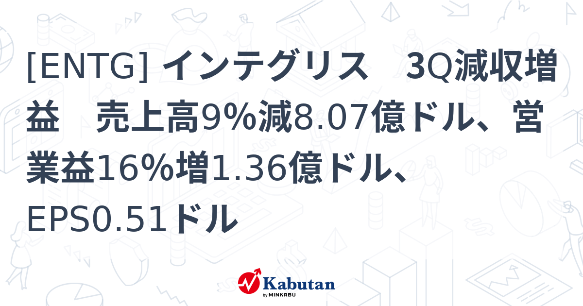 [ENTG] インテグリス 3Q減収増益 売上高9％減8.07億ドル、営業益16％増1.36億ドル、EPS0.51ドル - 株探(かぶたん)｜米国株