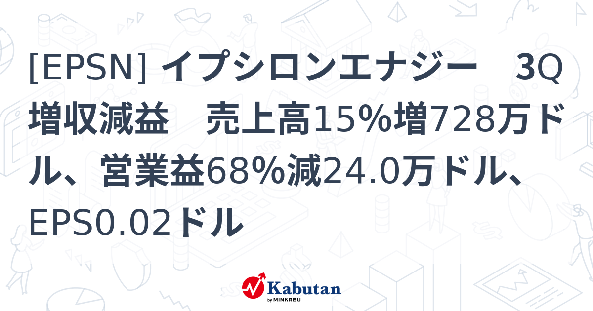 [EPSN] イプシロンエナジー 3Q増収減益 売上高15％増728万ドル、営業益68％減24.0万ドル、EPS0.02ドル - 株探 ...