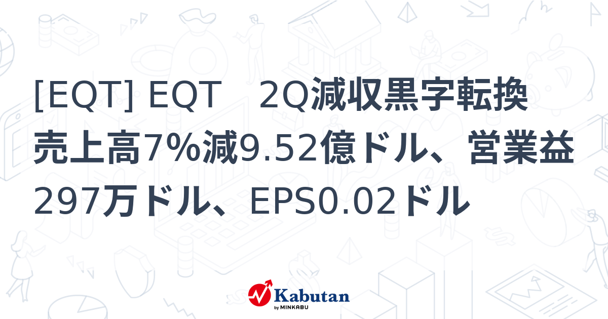 [EQT] EQT 2Q減収黒字転換 売上高7％減9.52億ドル、営業益297万ドル、EPS0.02ドル | 個別株 - 株探ニュース