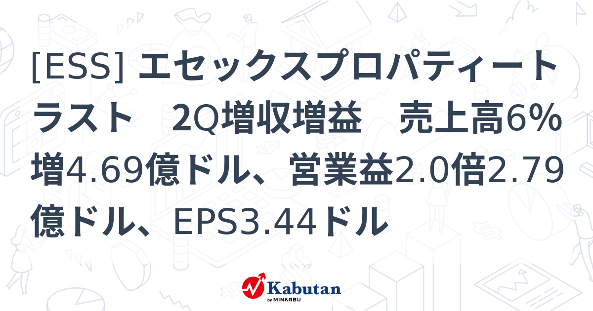 [ESS] エセックスプロパティートラスト 2Q増収増益 売上高6％増4.69億ドル、営業益2.0倍2.79億ドル、EPS3.44ドル ...