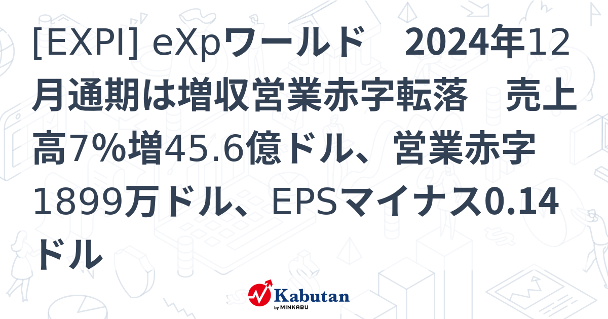 [EXPI] eXpワールド 2024年12月通期は増収営業赤字転落 売上高7％増45.6億ドル、営業赤字1899万ドル、EPSマイナス0. ...