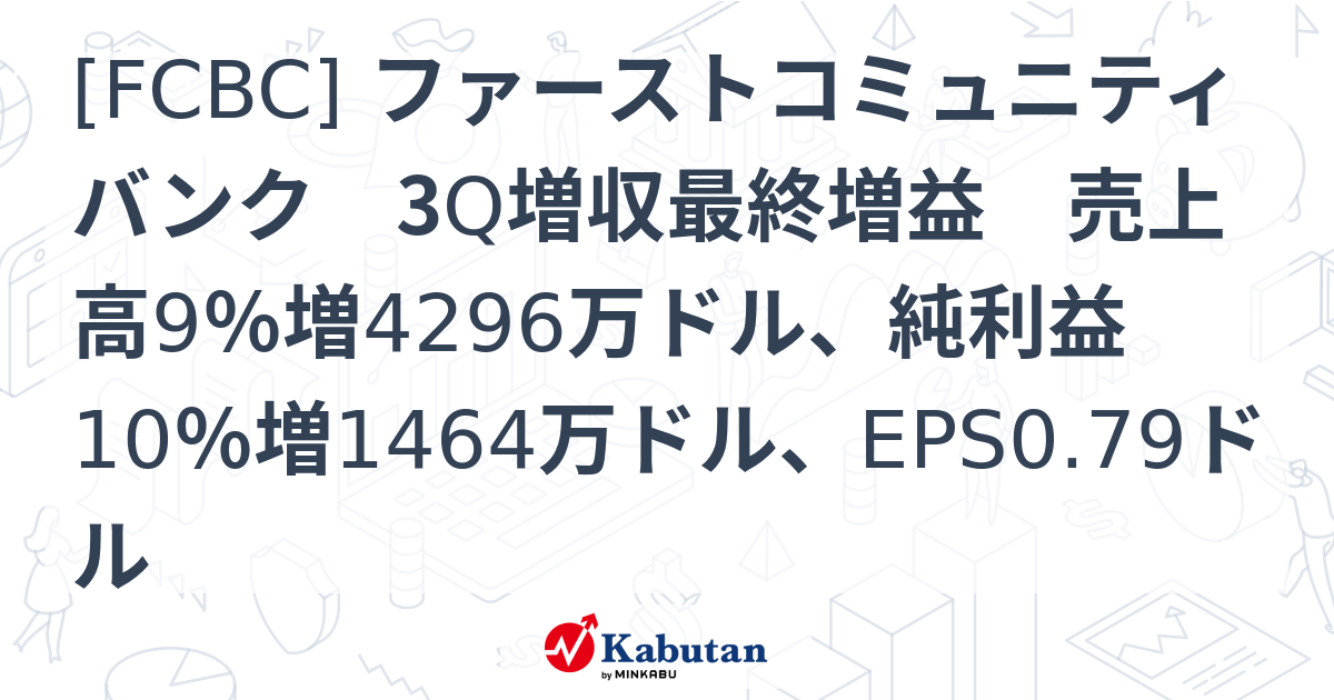 [FCBC] ファーストコミュニティバンク 3Q増収最終増益 売上高9％増4296万ドル、純利益10％増1464万ドル、EPS0.79ドル ...