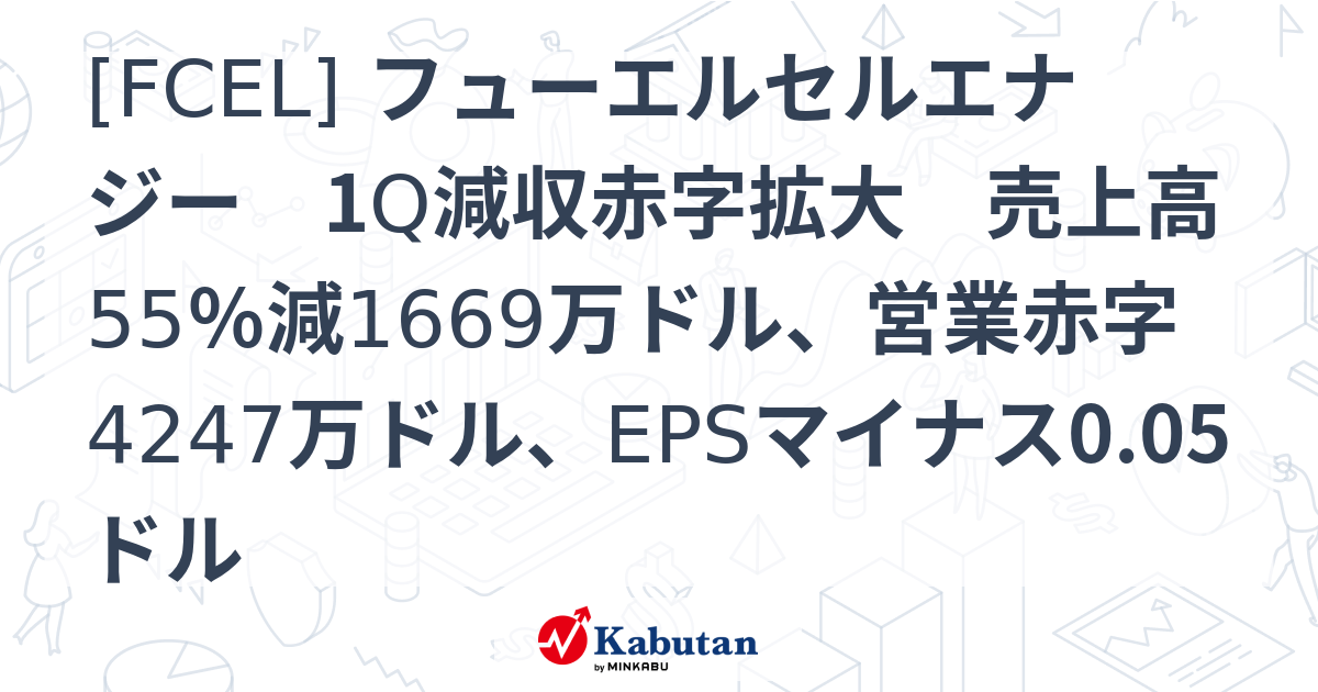 [FCEL] フューエルセルエナジー 1Q減収赤字拡大 売上高55％減1669万ドル、営業赤字4247万ドル、EPSマイナス0.05ドル ...