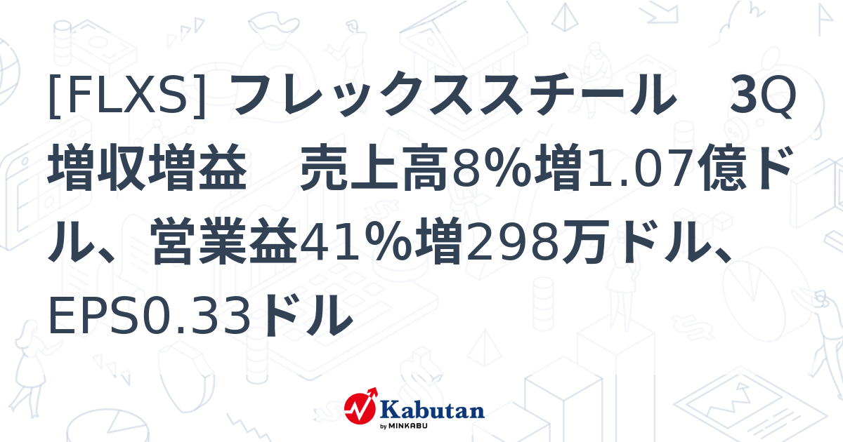 [FLXS] フレックススチール 3Q増収増益 売上高8％増1.07億ドル、営業益41％増298万ドル、EPS0.33ドル - 株探(かぶたん)｜米国株