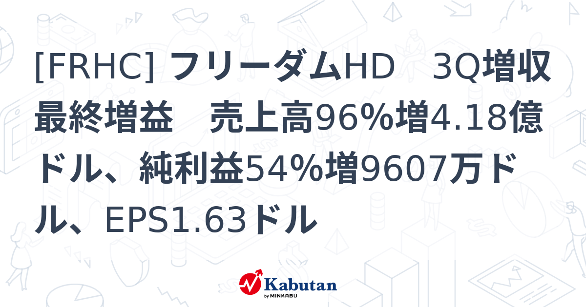 [FRHC] フリーダムHD 3Q増収最終増益 売上高96％増4.18億ドル、純利益54％増9607万ドル、EPS1.63ドル - 株探 ...