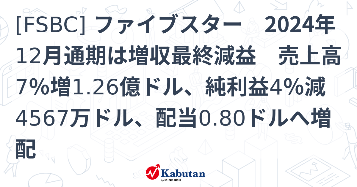 [FSBC] ファイブスター 2024年12月通期は増収最終減益 売上高7％増1.26億ドル、純利益4％減4567万ドル、配当0.80ドルへ ...