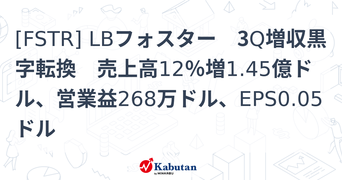 [FSTR] LBフォスター 3Q増収黒字転換 売上高12％増1.45億ドル、営業益268万ドル、EPS0.05ドル - 株探(かぶたん)｜米国株