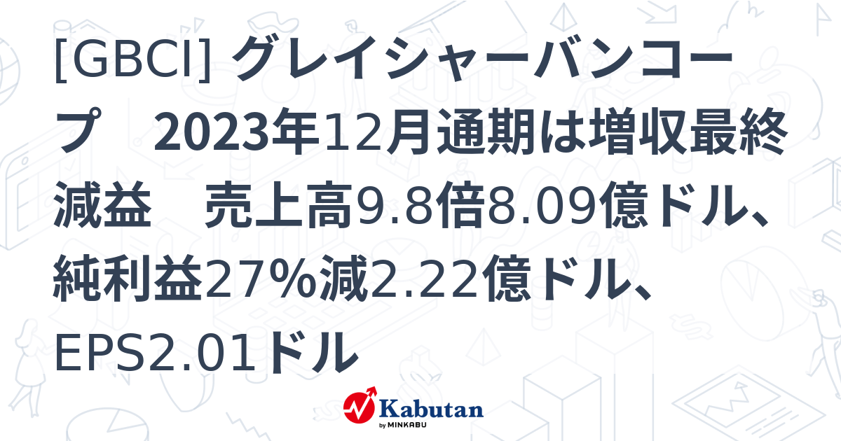 [GBCI] グレイシャーバンコープ 2023年12月通期は増収最終減益 売上高9.8倍8.09億ドル、純利益27％減2.22億ドル、EPS2 ...