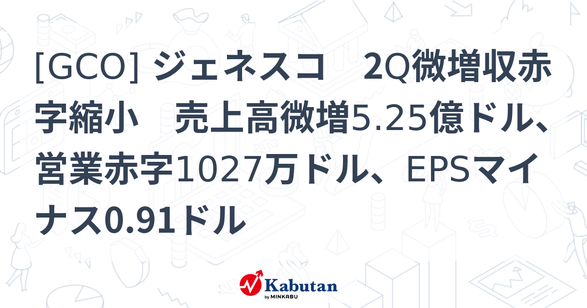 [GCO] ジェネスコ 2Q微増収赤字縮小 売上高微増5.25億ドル、営業赤字1027万ドル、EPSマイナス0.91ドル - 株探(かぶたん)｜米国株