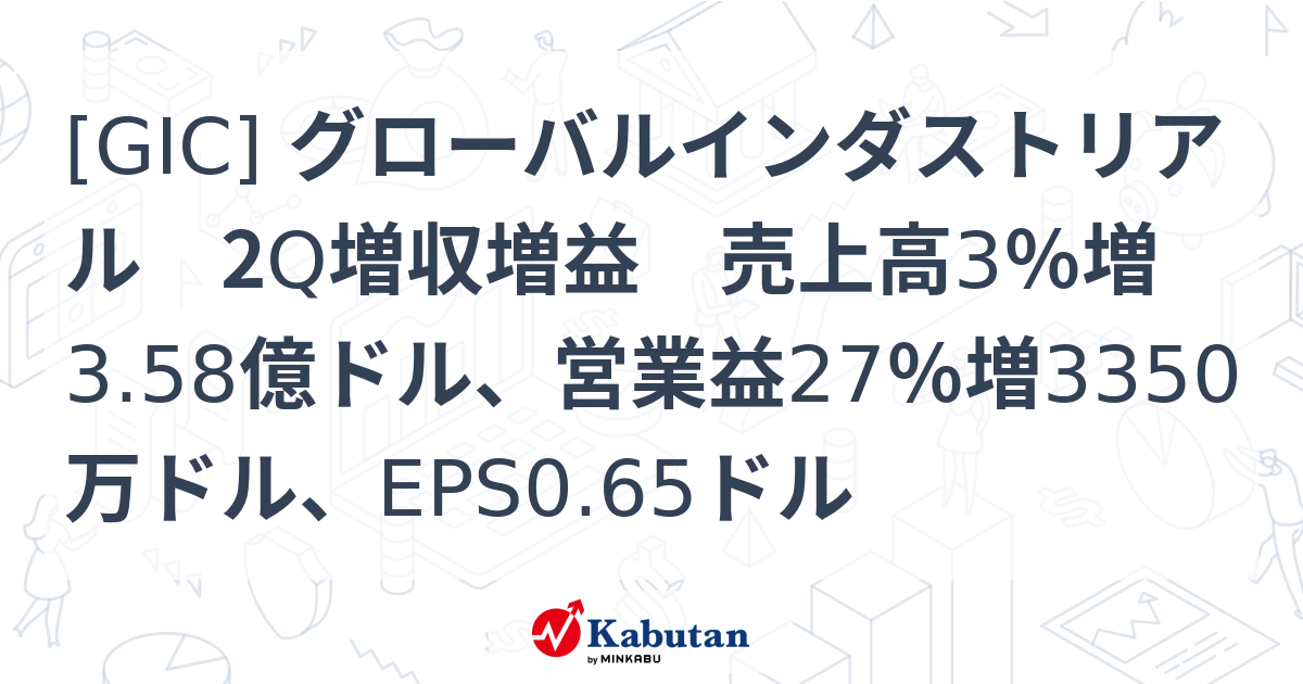 [GIC] グローバルインダストリアル 2Q増収増益 売上高3％増3.58億ドル、営業益27％増3350万ドル、EPS0.65ドル - 株探(かぶたん)｜米国株