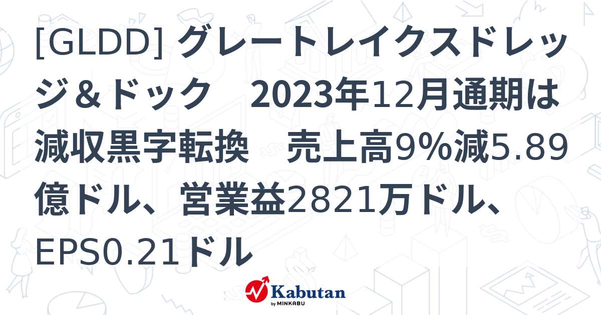 [GLDD] グレートレイクスドレッジ＆ドック 2023年12月通期は減収黒字転換 売上高9％減5.89億ドル、営業益2821万ドル、EPS0 ...